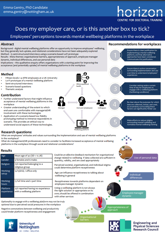 Best Research Poster awarded at CIPD ARC : Horizon CDT